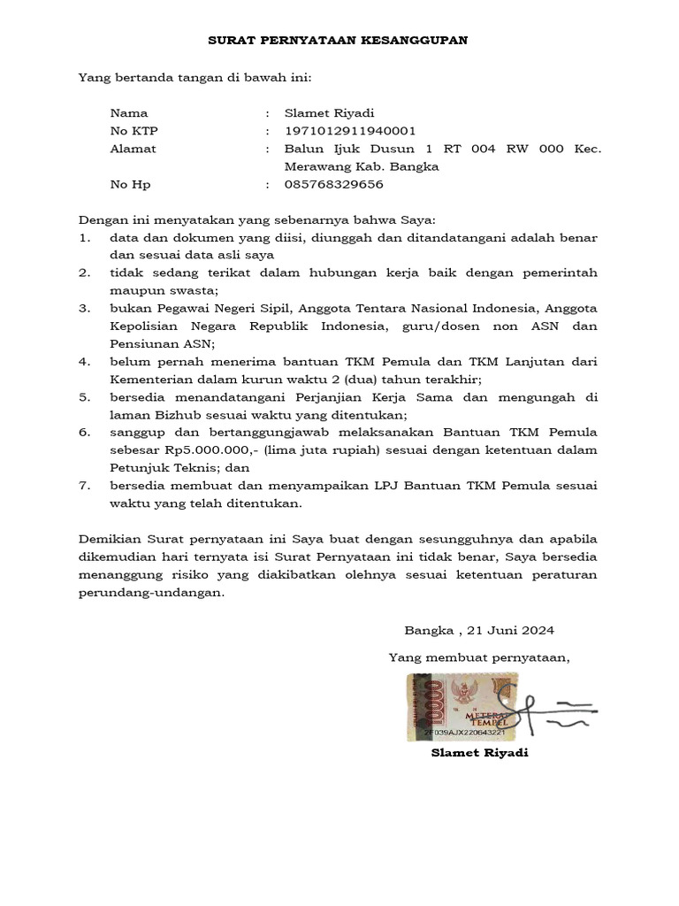 Surat Pernyataan Slamet | PDF
