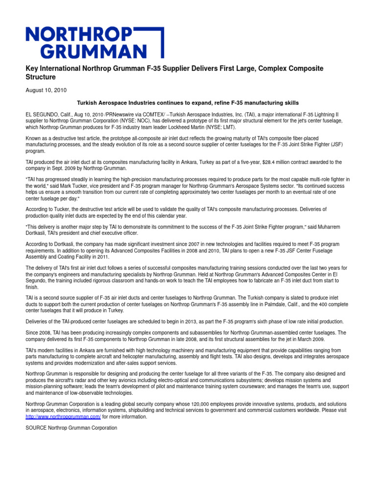 Key International Northrop Grumman F-35 Supplier Delivers First Large ...