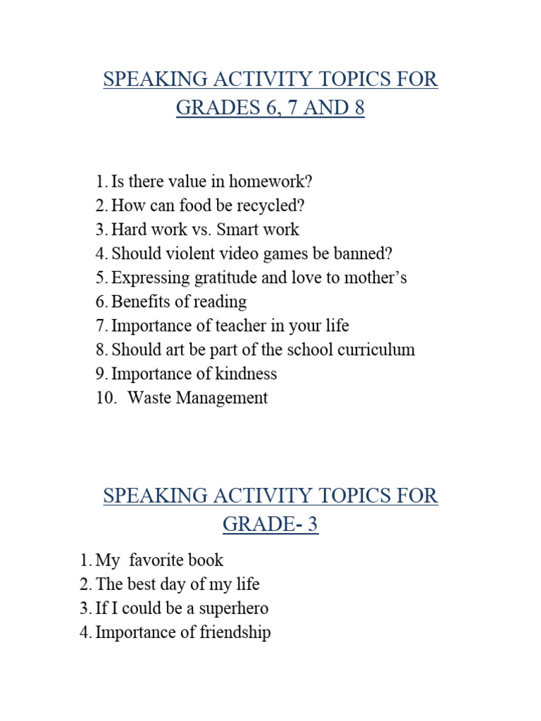 Grade 7 Speaking Activity Topics | PDF | Wellness