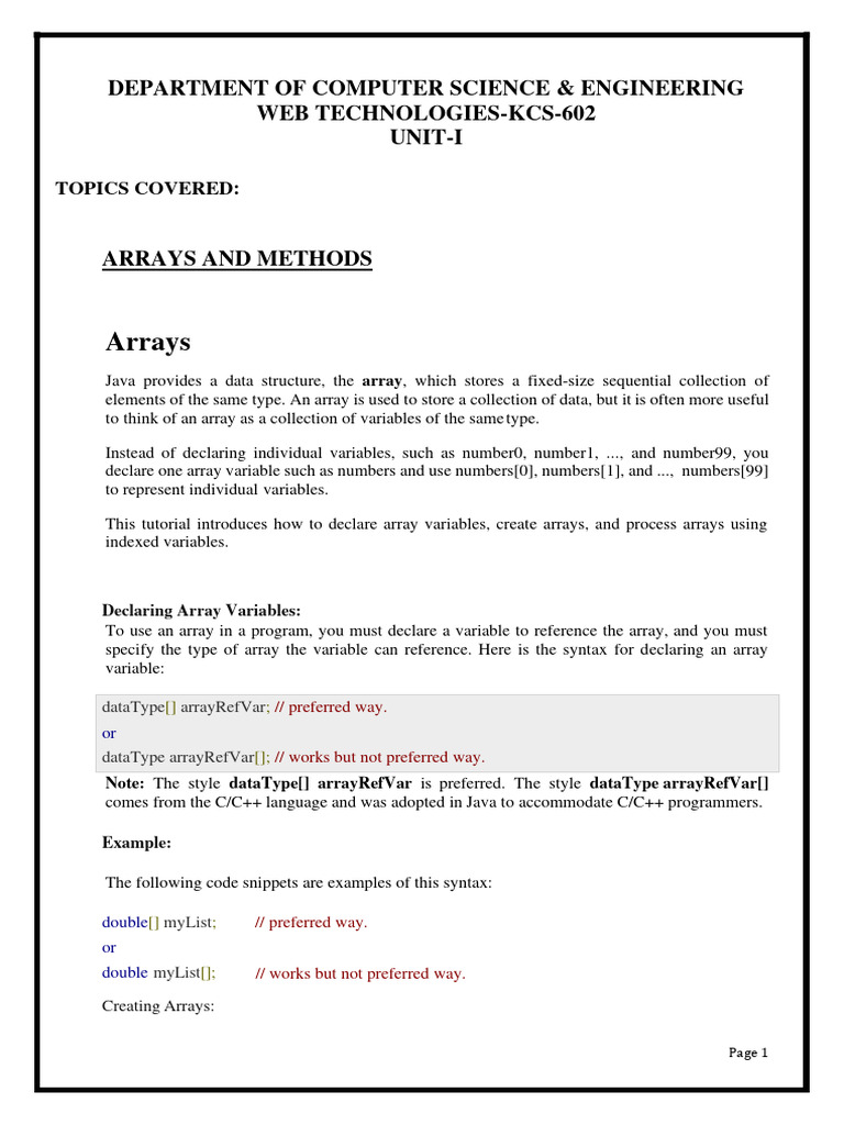Arrays: Department of Computer Science & Engineering Web Technologies-Kcs-602 Unit-I | PDF ...