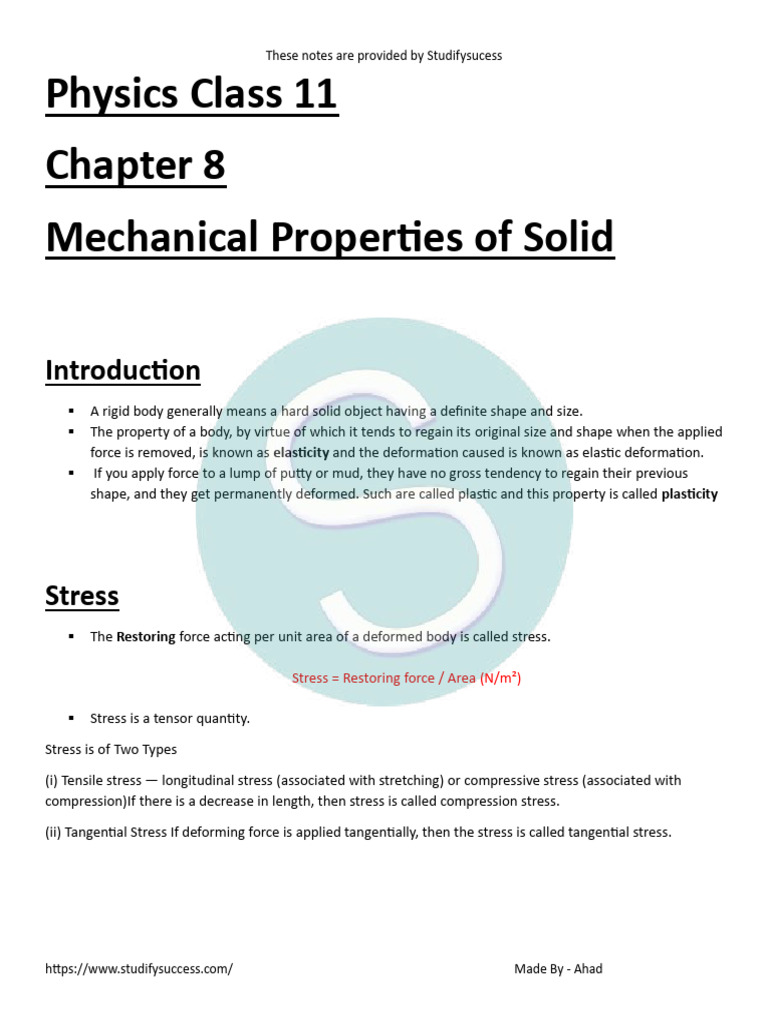 Class 11 Physics ch-8 Notes | PDF | Stress (Mechanics) | Elasticity ...
