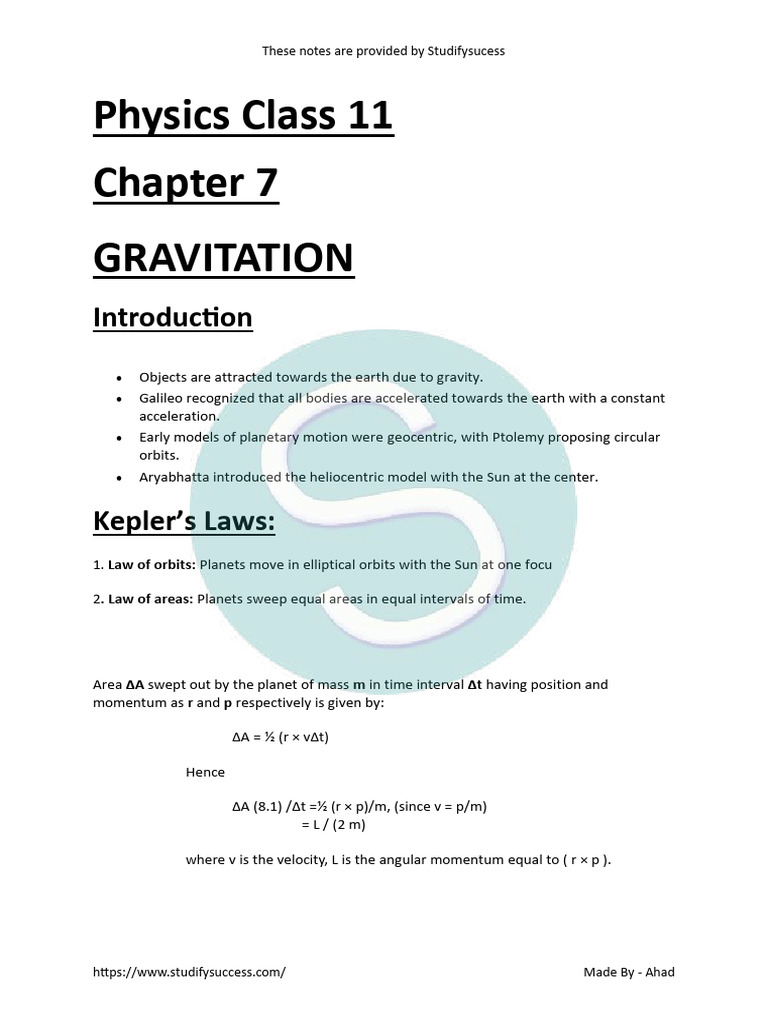 Class 11 Physics: Gravitation Notes | PDF | Orbit | Newton's Law Of ...