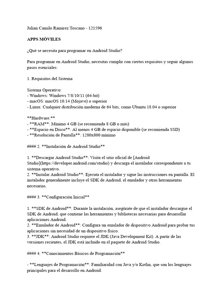 Requisitos para Programar en Android Studio | PDF | Android (sistema operativo) | Computación de ...