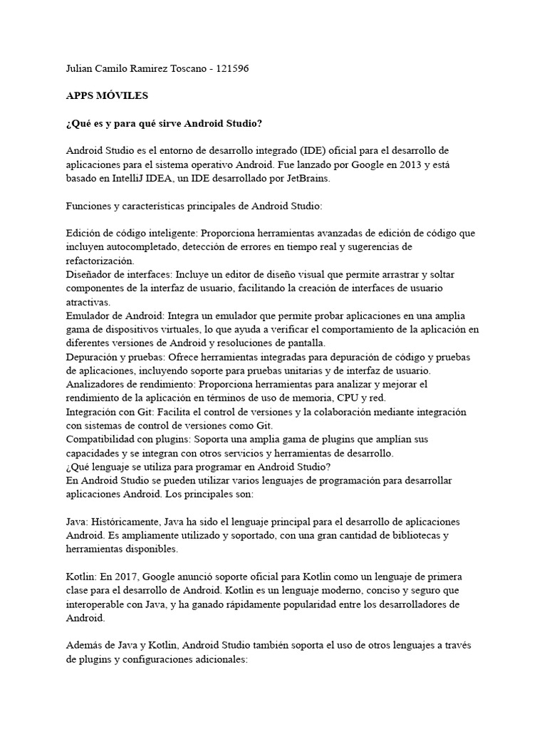 Funciones y Lenguajes de Android Studio | PDF | Android (sistema ...
