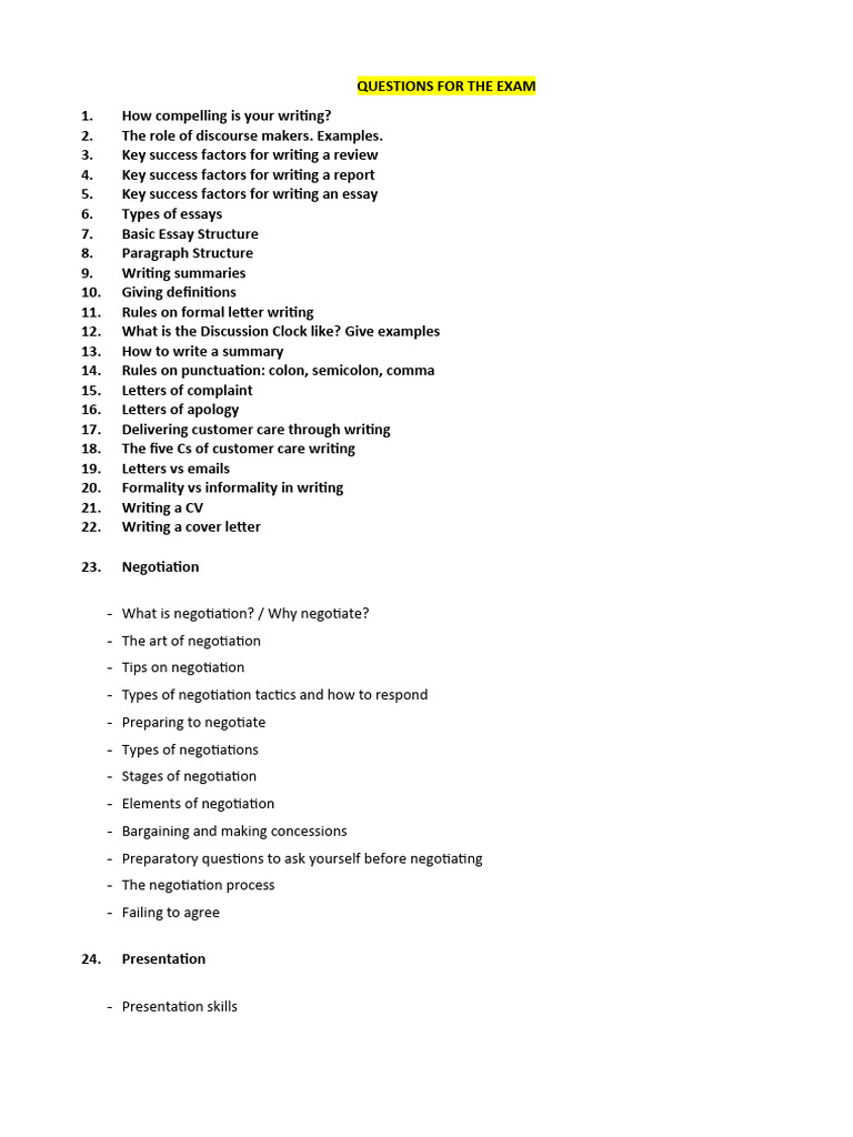 Questions For The Exam 2021 | PDF | Negotiation | Cognition