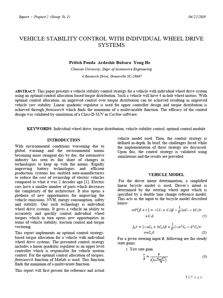 Vehicle Stability Control With Individual Wheel Drive | PDF ...