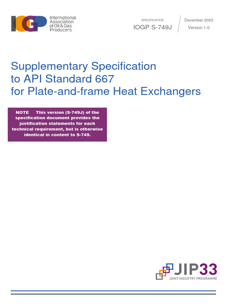 Supplementary Spec To API Standard 667 For Plate and Frame Heat Exchangers With Justifications S ...
