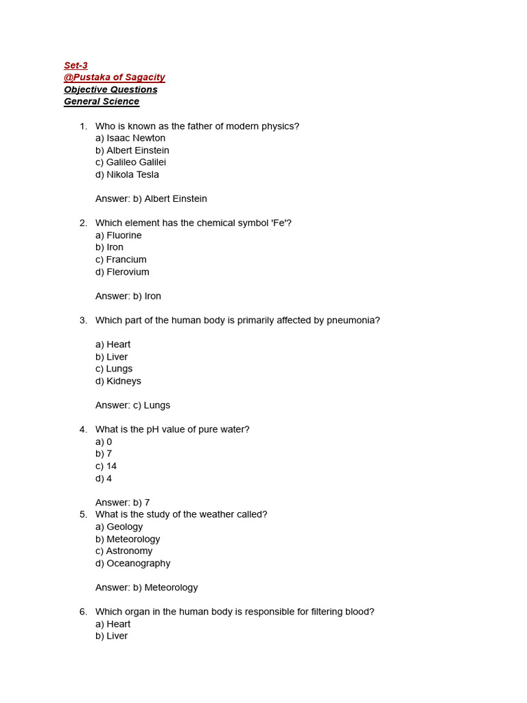 General Science Quiz Questions | PDF | Science & Mathematics