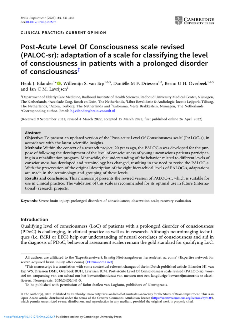 Post Acute Level of Consciousness Scale Revised Paloc SR Adaptation of ...