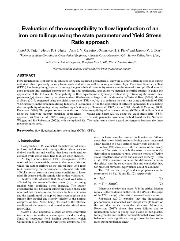 Evaluation of the susceptibility to flow liquefaction of an iron ore ...