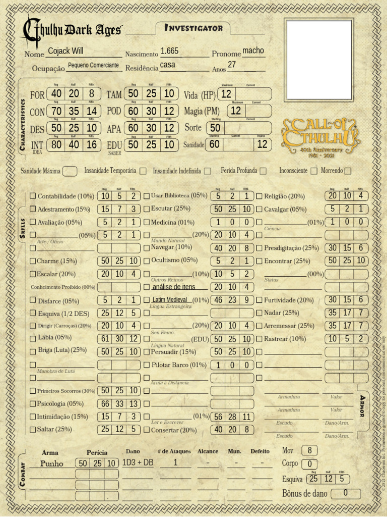 Ficha do Cojack Idade das Trevas Cthulhu | PDF