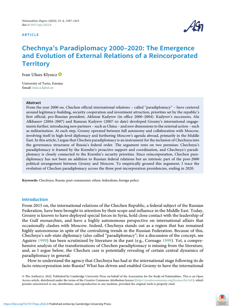 Chechnyas Paradiplomacy 2000 2020 The Emergence and Evolution of ...