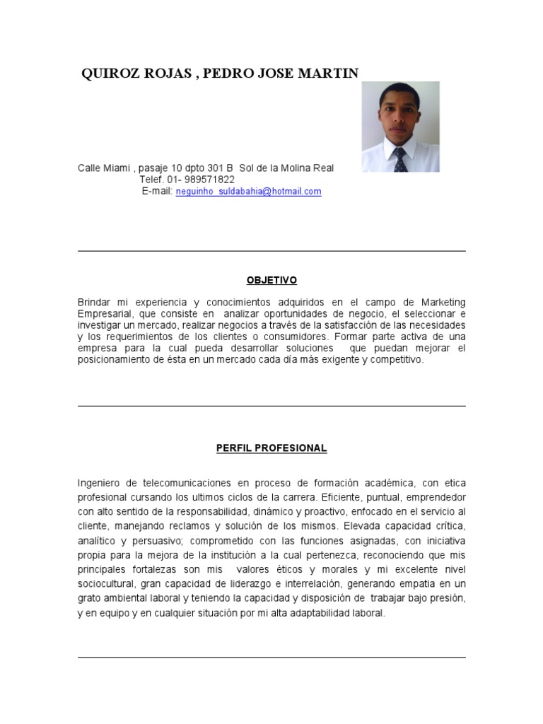 CV Quiroz Rojas, Pedro Jose | PDF | Microsoft | Marketing