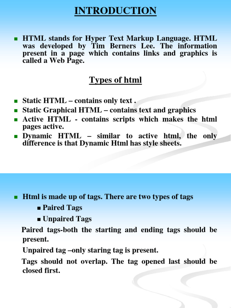Introduction to HTML Basics and Tags | PDF | Html | Html Element