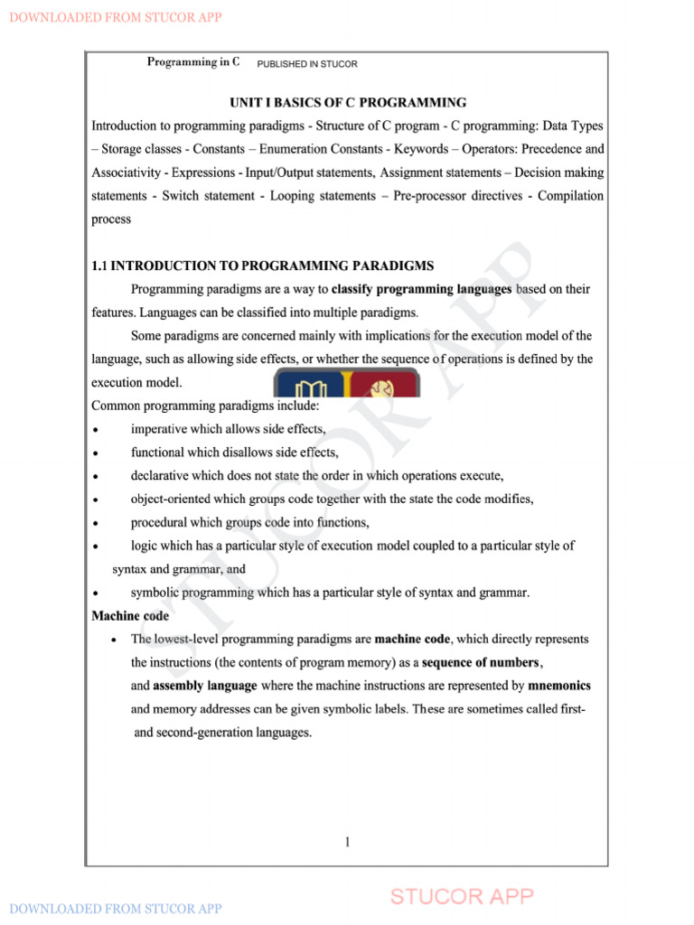 Programmin In C Notes Unlocked Pdf Object Oriented Programming Data Type