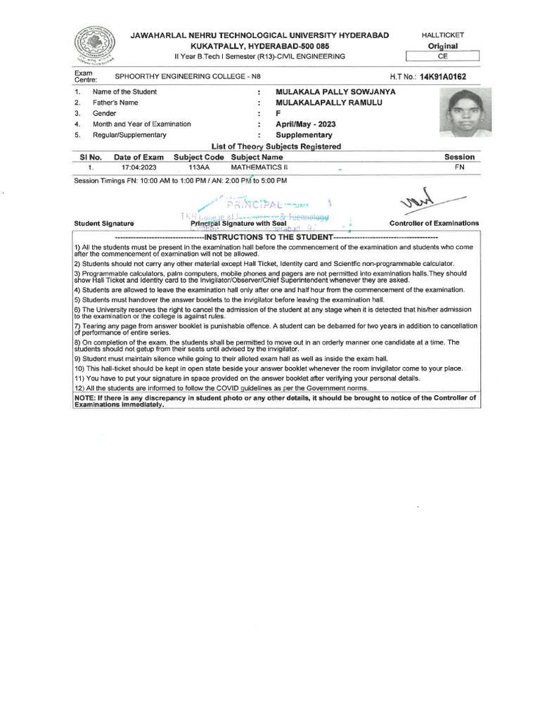 Jntuh Ii I Ii Ii Hall Tickets April 2023 | PDF