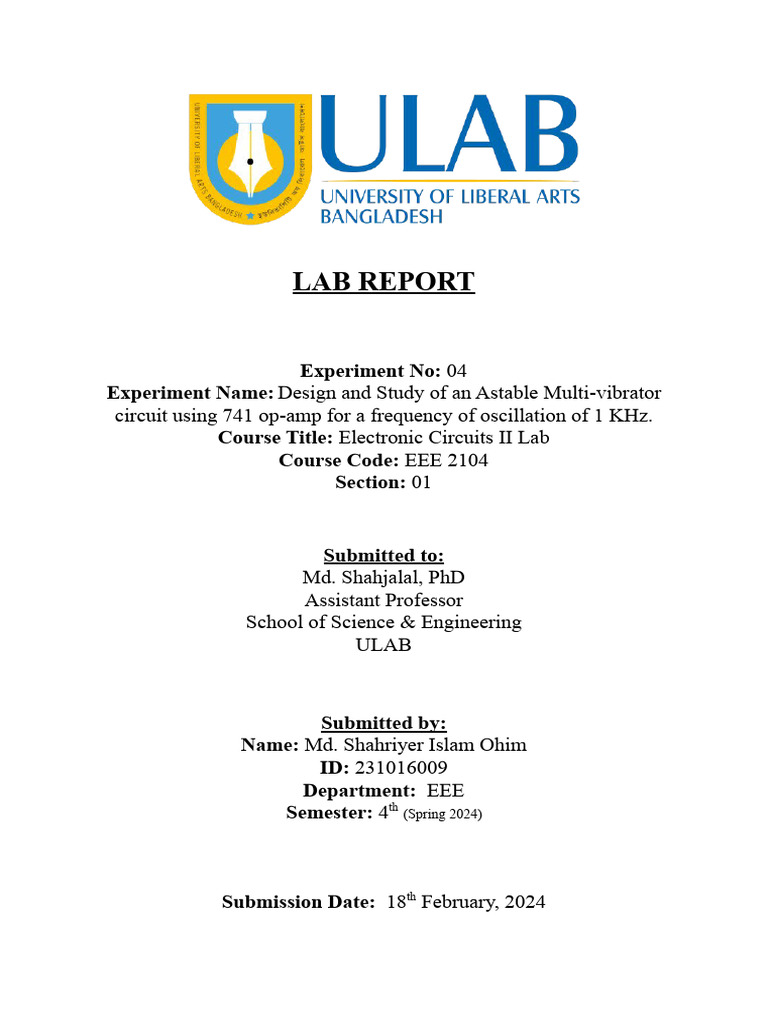 EEE 2104 Lab Report 04 | PDF | Operational Amplifier | Electrical Circuits EEE 2104 Lab Report 04 | PDF | Operational Amplifier | Electrical Circuits
