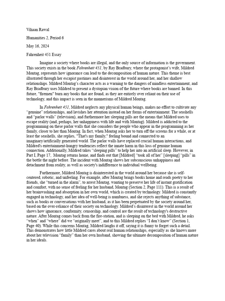 Fahrenheit 451 Essay - Mildred Montag (Vihaan Rawal) | PDF | Young Adult