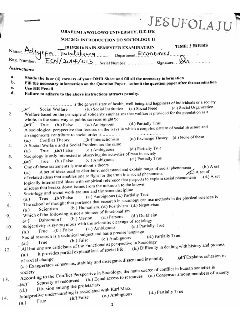SOC 202 Past Question | PDF