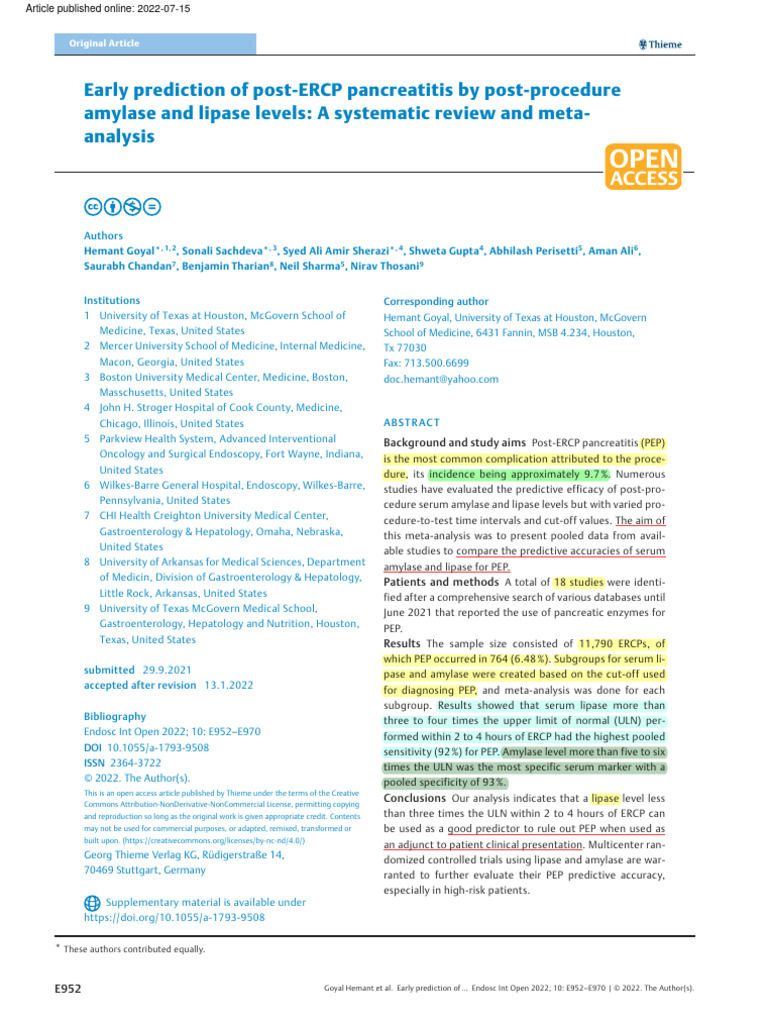 Early Prediction of Post-ERCP Pancreatitis by Post-procedure Amylase ...