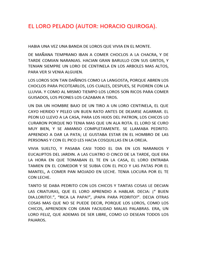 El Loro Pelado Horacio Quiroga. | PDF