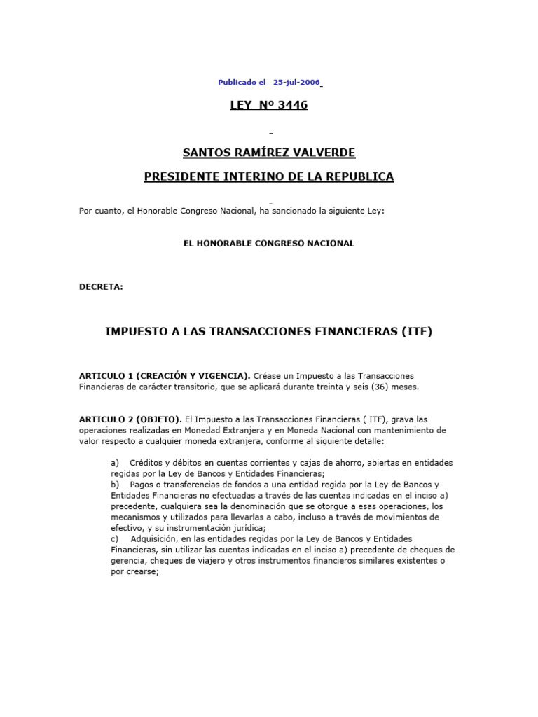 Cap. 20 Itf Ley 3446 (25-07-2006) | PDF | Bancos | Transferencia bancaria