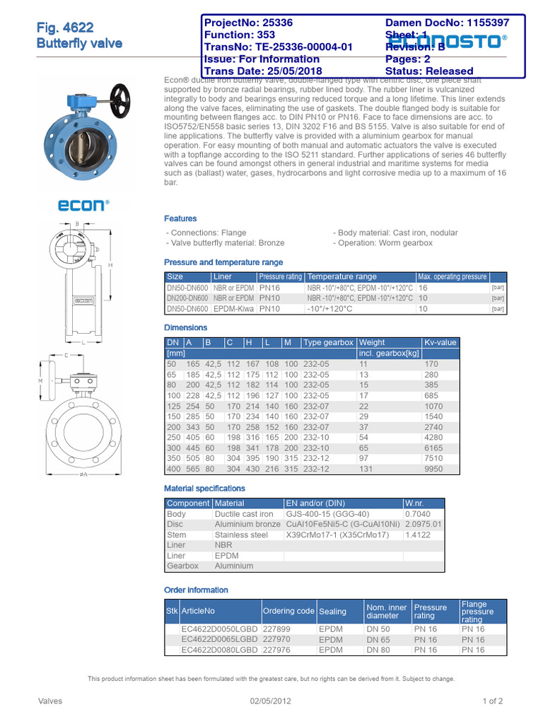 Econosto Butterfly Valves, 4622, Range 50 - 400mm | PDF | Valve | Mechanical Engineering