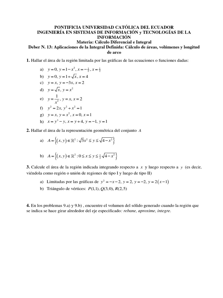 Deber 13 Aplicaciones de la Integral Definida | Descargar gratis PDF | Integral | Longitud