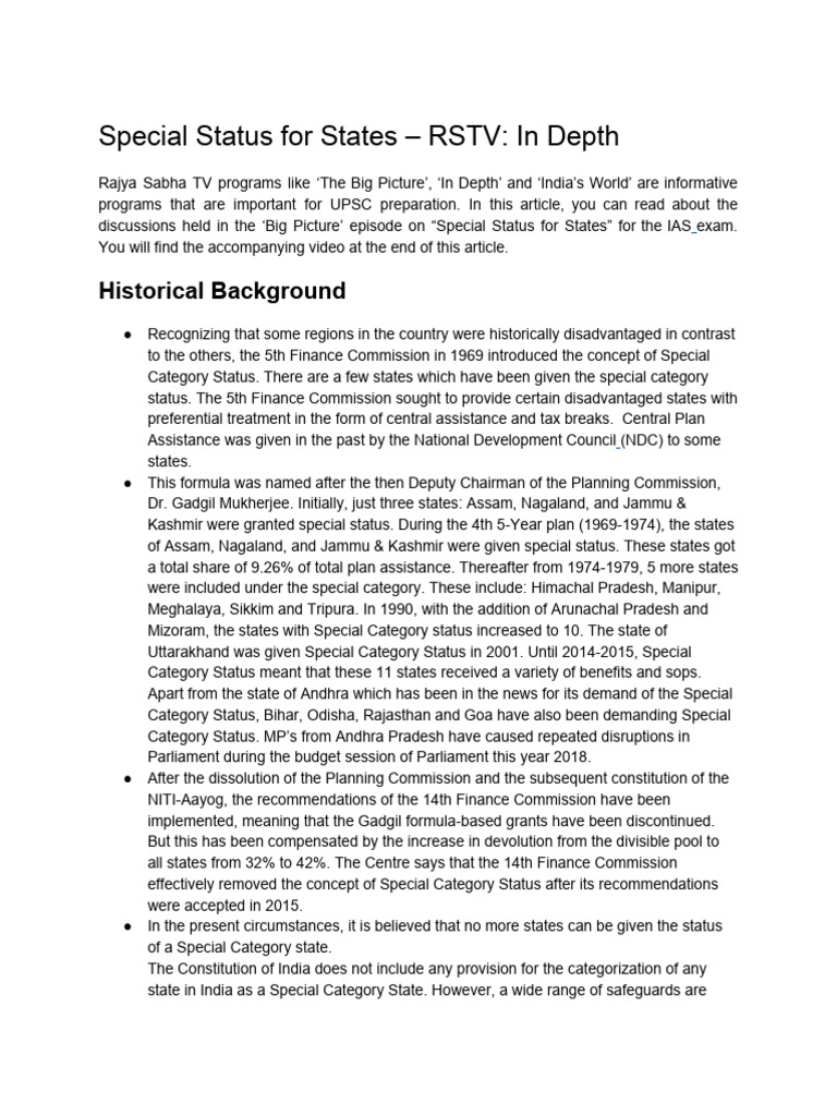 UPSC Prep: Special Status for States | PDF | Government Of India ...