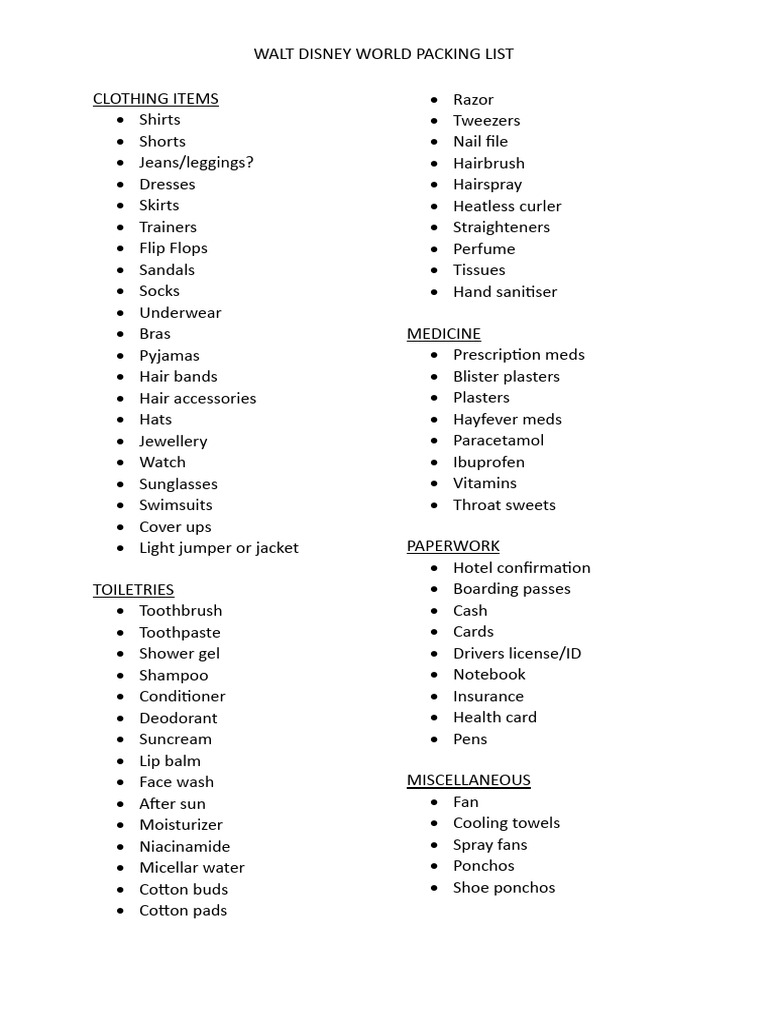 WDW Packing List | PDF