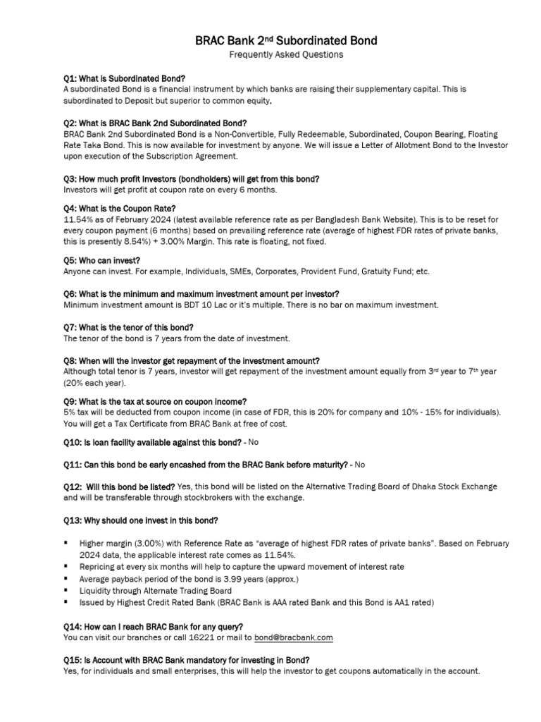 BRAC Bank 2nd Subordinated Bond Details | PDF | Bonds (Finance) | Interest
