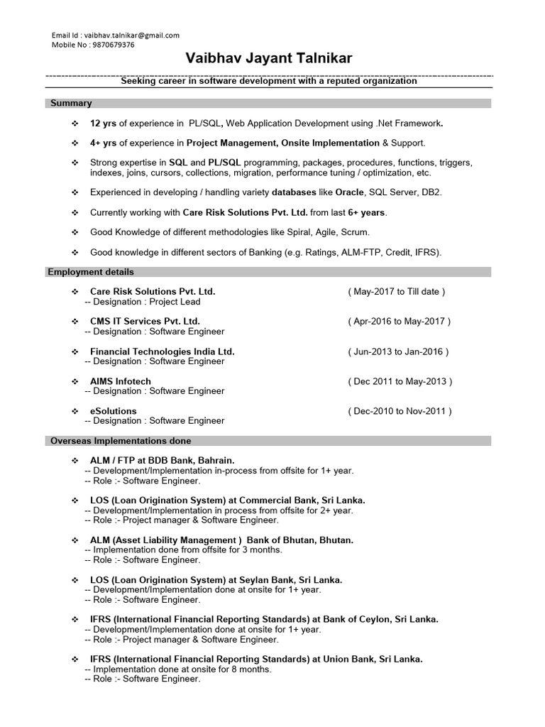Resume - Vaibhav Talnikar | PDF | Pl/Sql | Sql