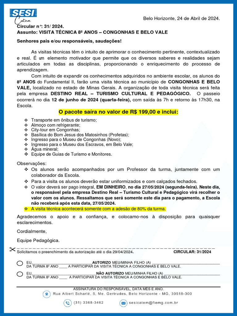 CIRCULAR 31 - VISITA TECNICA 8º ANO | Download grátis PDF | Pedagogia | Museu