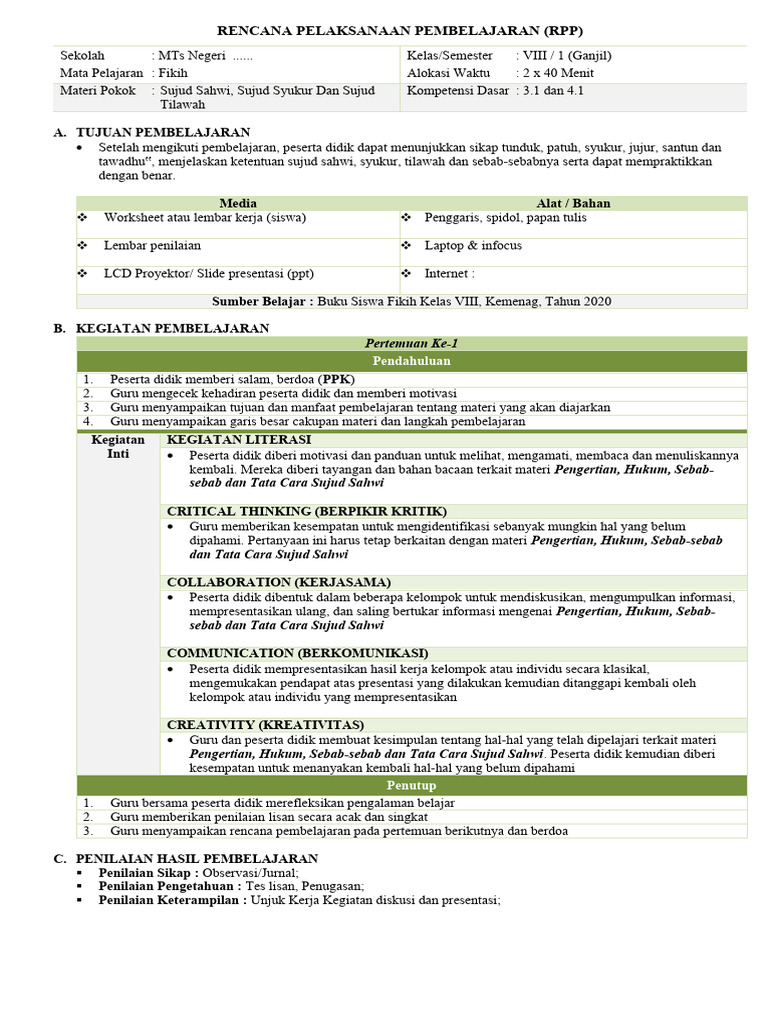 RPP 1 Lembar Fikih Kelas 8 SEM 1 | PDF