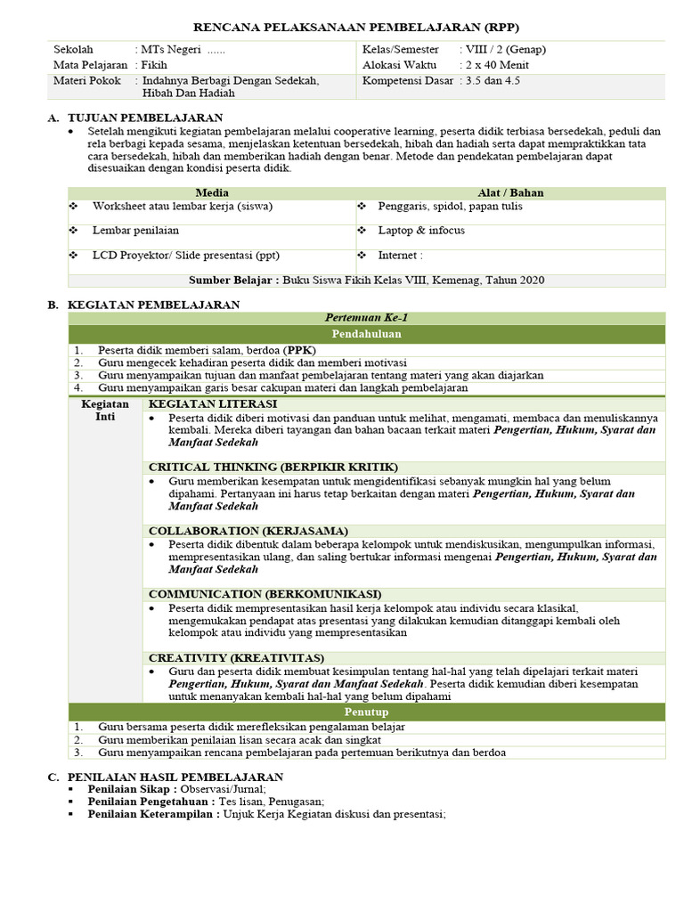 RPP 1 Lembar Fikih Kelas 8 SEM 2 | PDF | Karier & Perkembangan