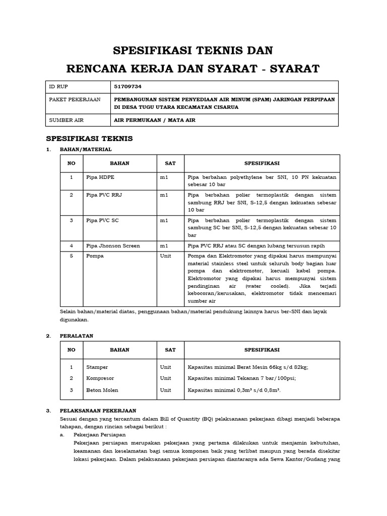 Pembangunan SPAM Tugu Utara Cisarua 02. Spesifikasi Teknis Dan RKS | PDF