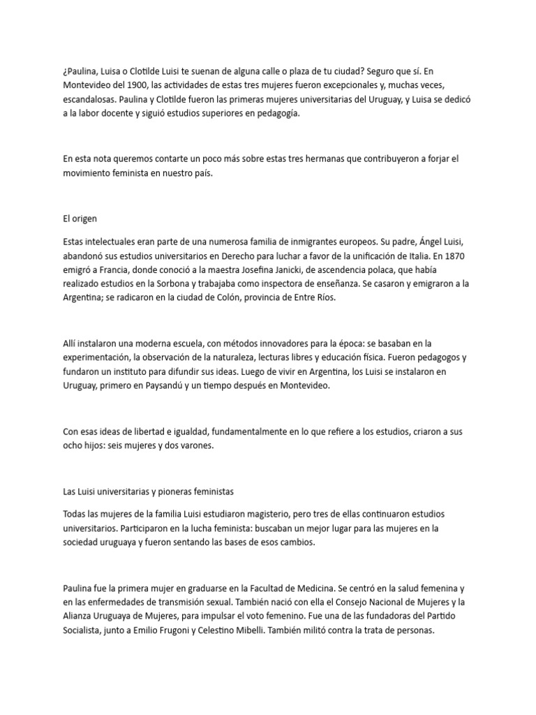 Mujeres Luisi: Pioneras del Feminismo Uruguayo | PDF | Feminismo ...
