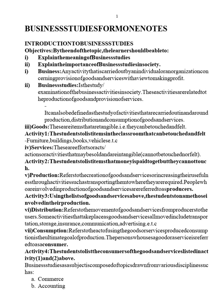 Business Studies Notes Form 1-4 Booklet-1 | PDF | Economies
