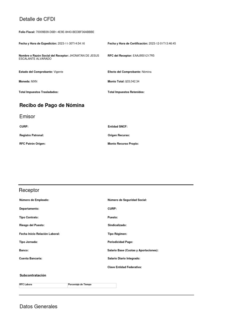 Detalle de CFDI: Recibo de Pago de Nómina | PDF | Costo de la vida ...
