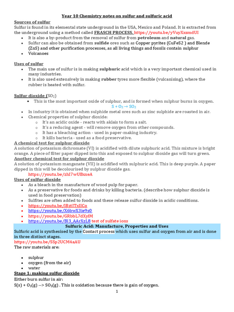 Year 10 Chemistry Notes On Sulfur and Sulfuric Acid | PDF | Sulfuric ...