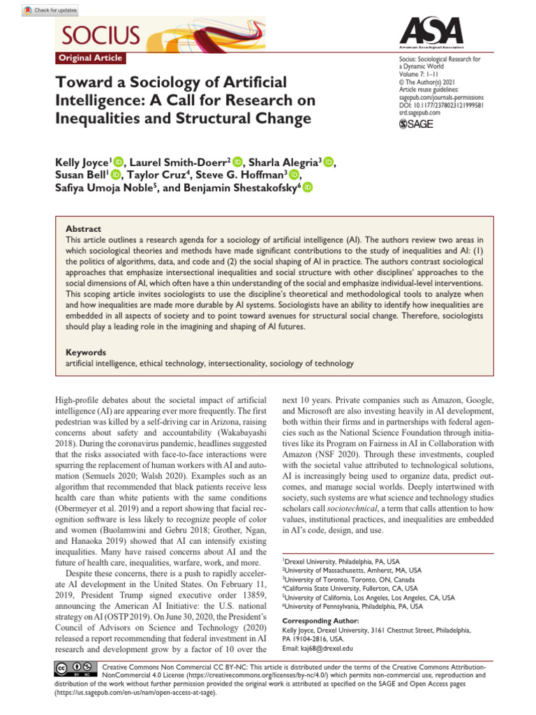 Joyce Et Al 2021 Toward A Sociology of Artificial Intelligence A Call For Research On ...