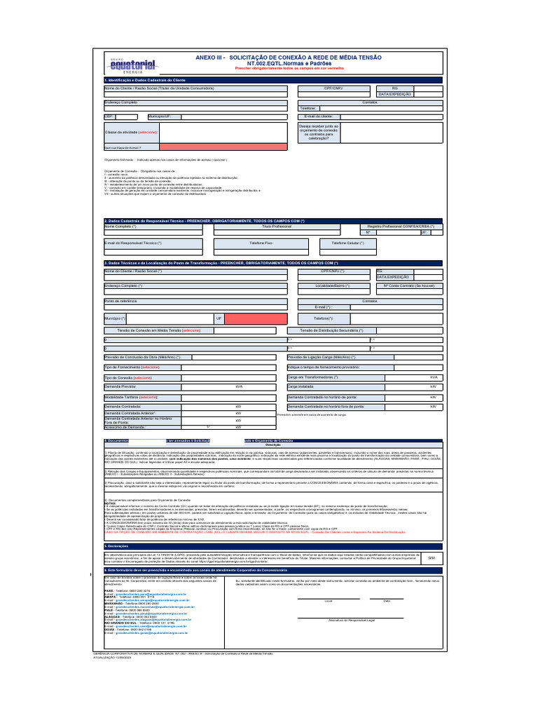 NT.00002.EQTL 08 ANEXO III NT.002 Solicitacao de Conexao A Rede de Media Tensao | PDF ...