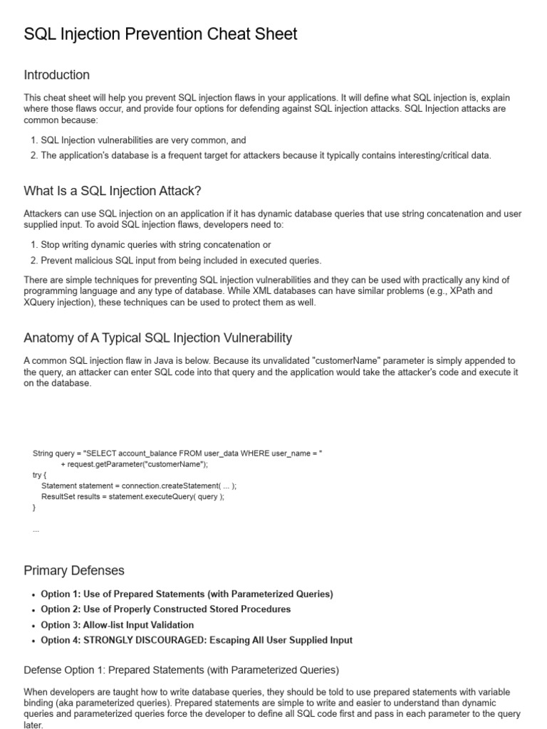 SQL Injection Prevention - OWASP Cheat Sheet Series | PDF | Databases ...