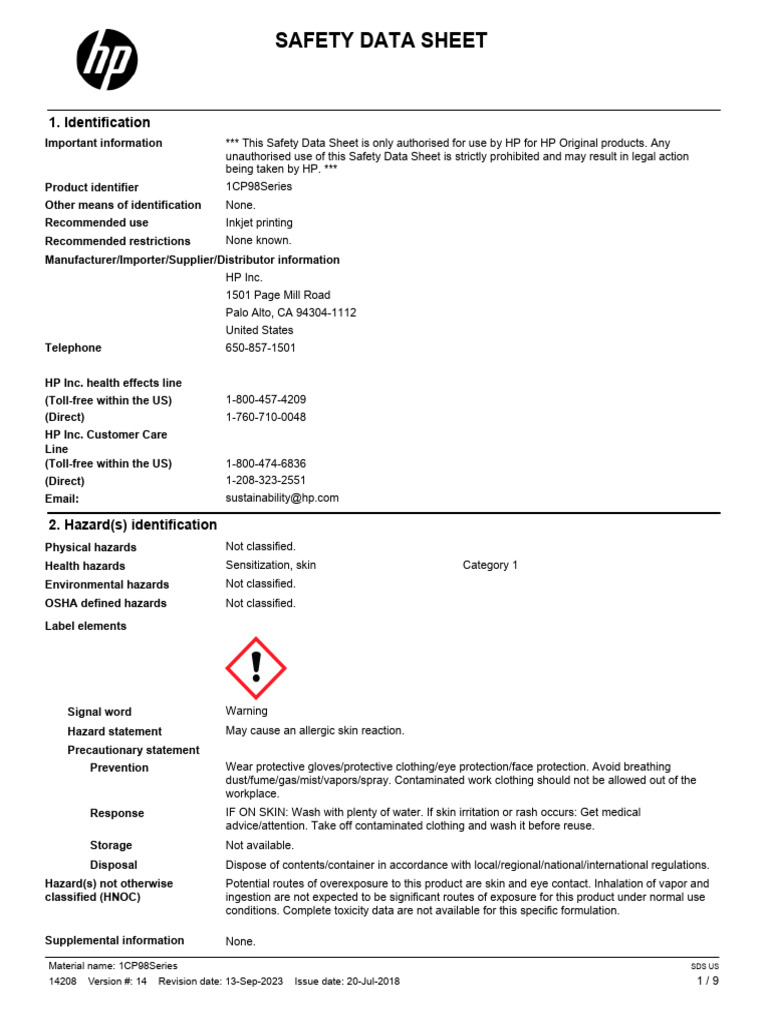 Safety Data Sheet: 1. Identification | PDF | Dangerous Goods | Working Conditions