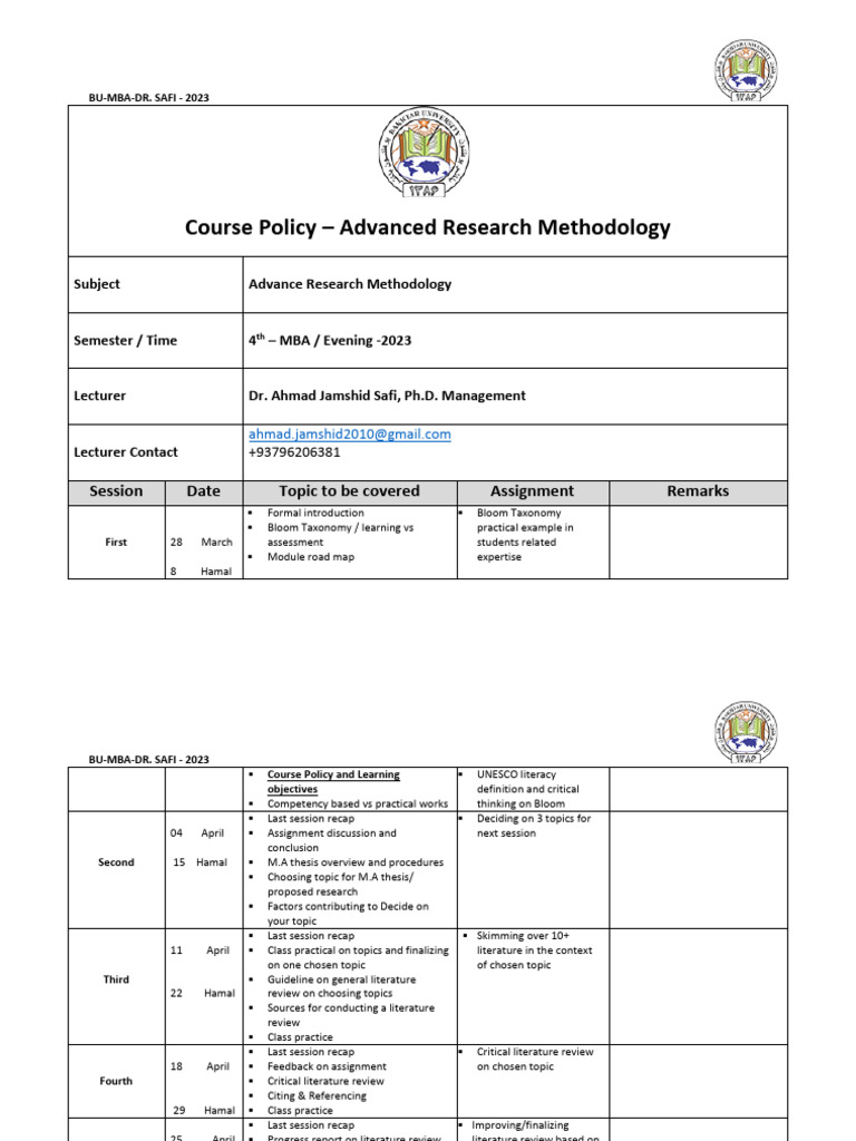 Course Policy - Advanced Research Methodology by Dr. Ahmad Jamshid Safi | PDF | Thesis ...