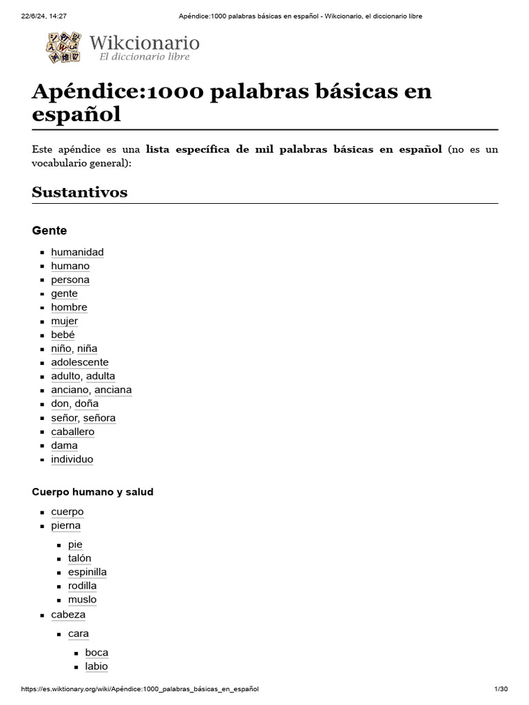 Apéndice - 1000 Palabras Básicas en Español - Wikcionario, El ...