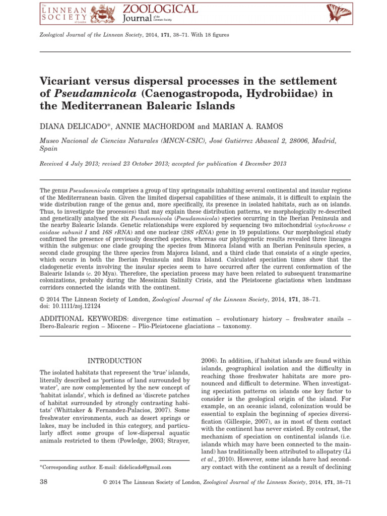 Delicado Et Al. 2014 - Vicariant Versus Dispersal Processes in The ...