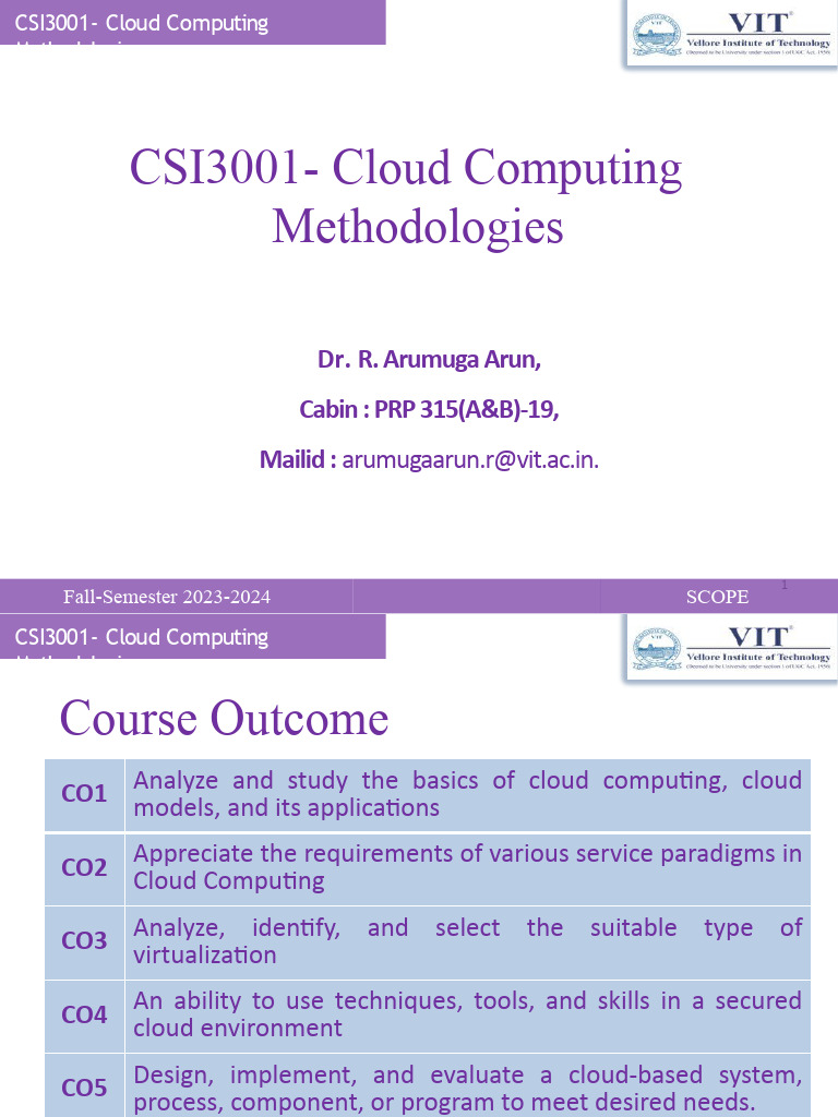 CSI3001-Cloud Computing Methodologies: Dr. R. Arumuga Arun, Cabin: PRP 315 (A&B) - 19, Mailid ...