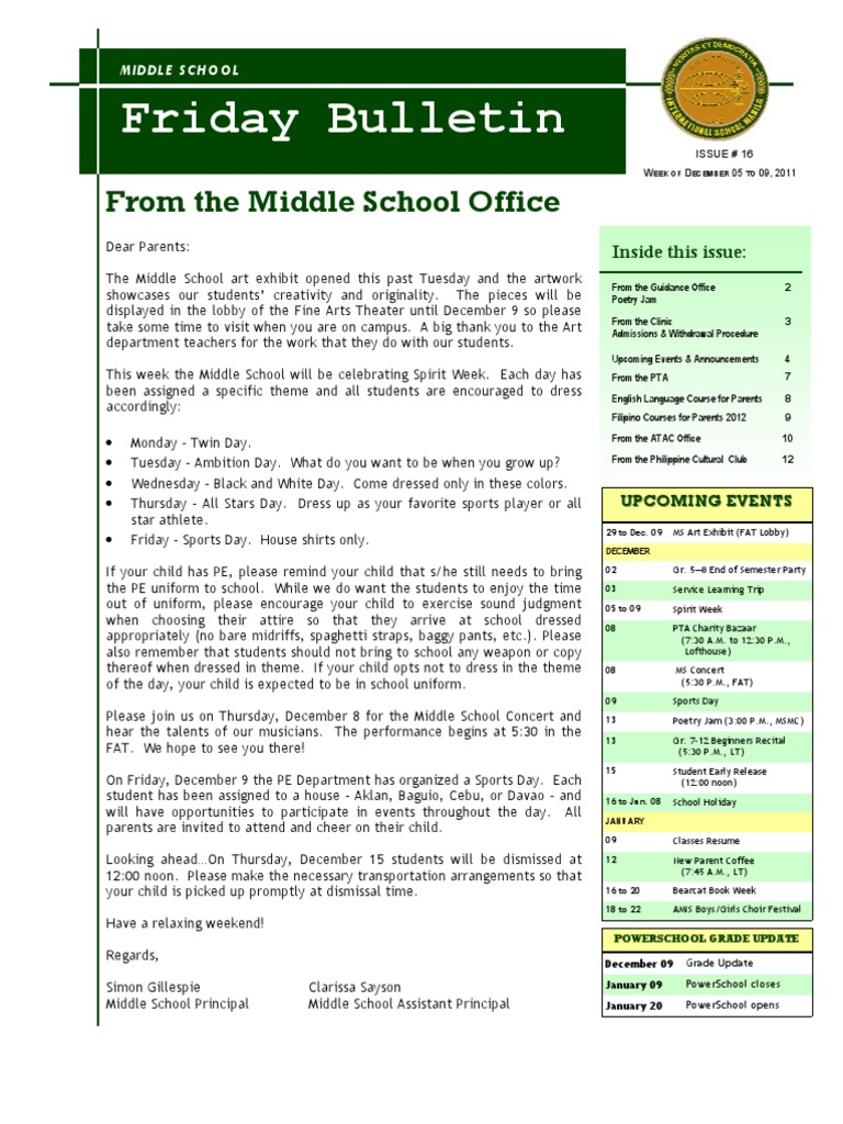 Friday Bulletin: From The Middle School Office | PDF | Schools | Foods