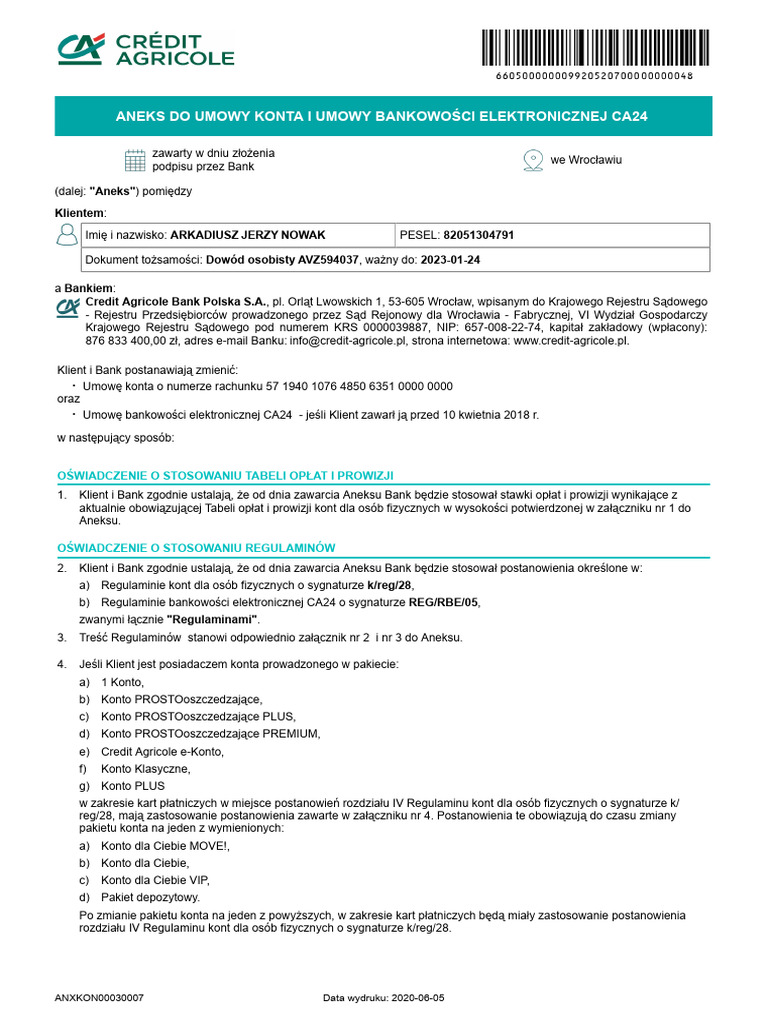 Aneks Do Umowy Rachunku Bieżącego | PDF